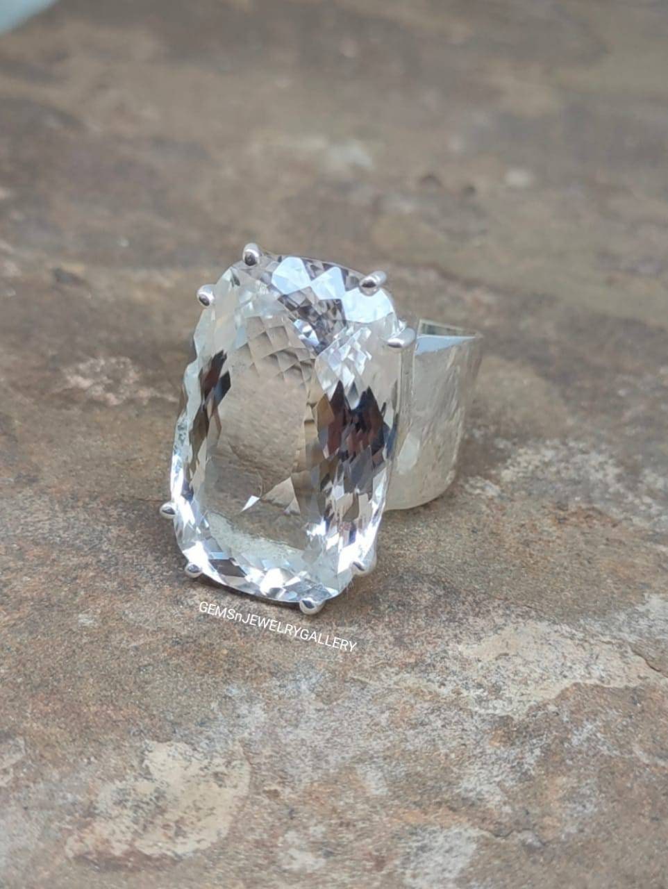 Very Large Natural Crystal Quartz Ring, Solid Silver, 1829MM Cushion Cut Gemstone, Clear Quartz ...