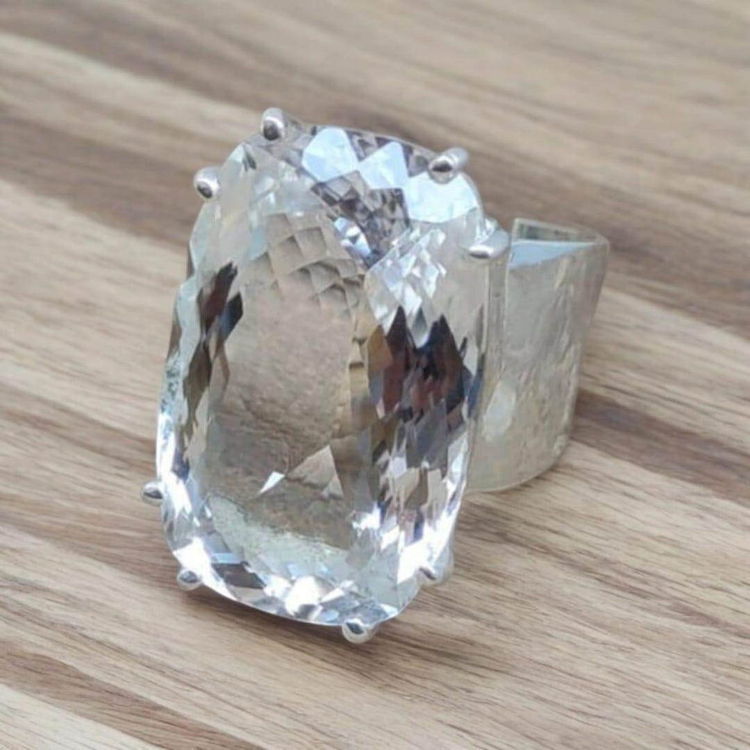 Very Large Natural Crystal Quartz Ring, Solid Silver, 18×29MM Cushion ...