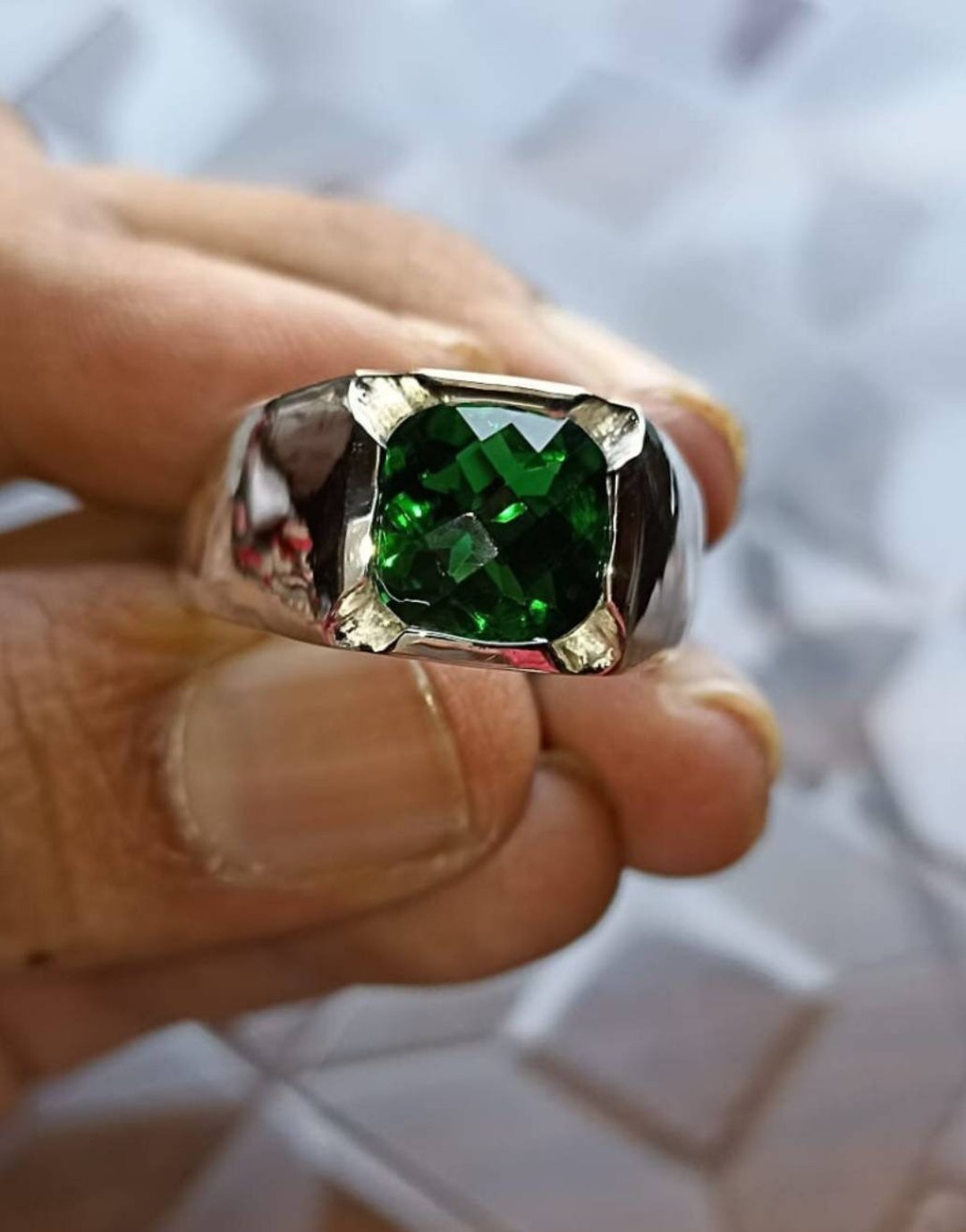 Heavy Lab Emerald Ring, Cushion Cut Gemstone Ring, Solid Silver, 10× ...
