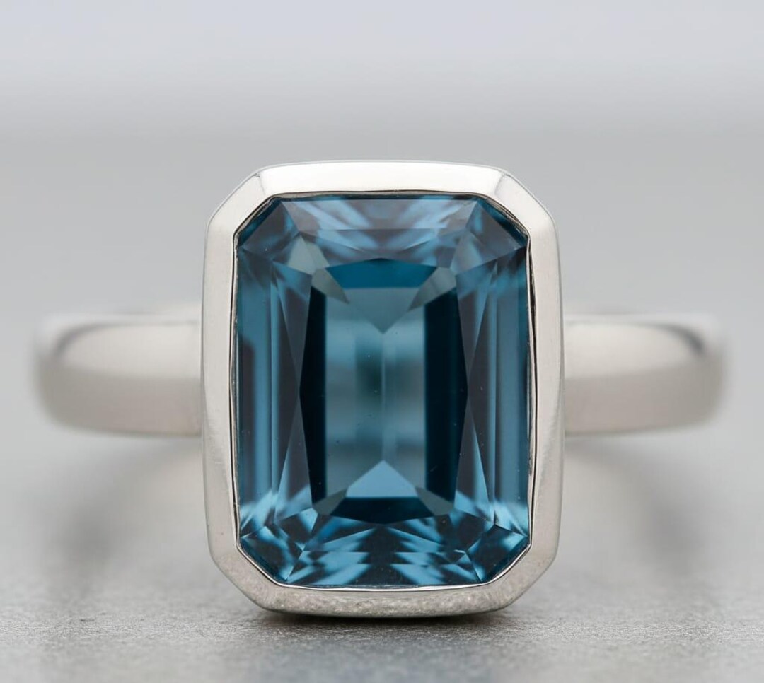 Natural London Blue Topaz Ring, Solid Silver, 9×11MM Emerald Cut ...