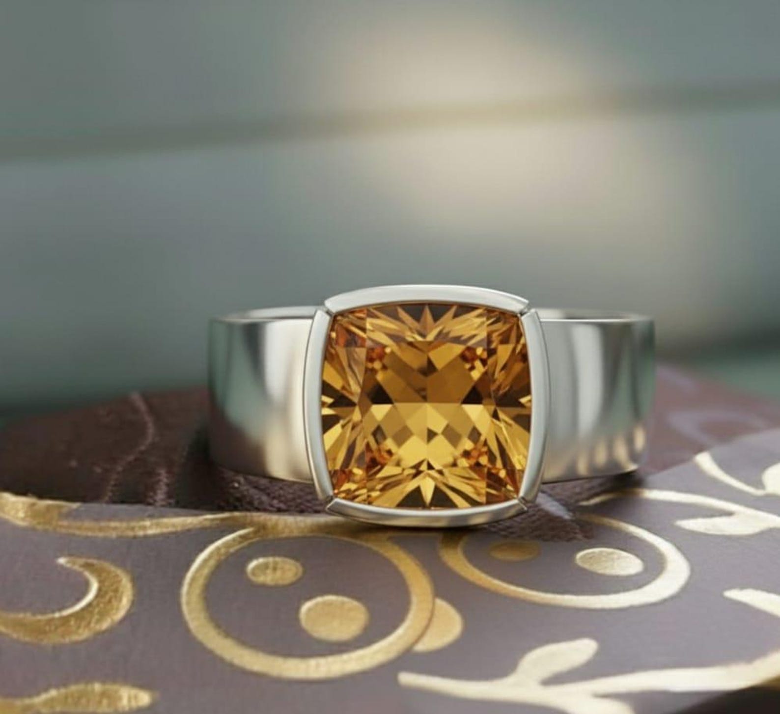 Solid Silver Natural Citrine Men's Ring,10×10 MM Cushion Cut Gemstone ...