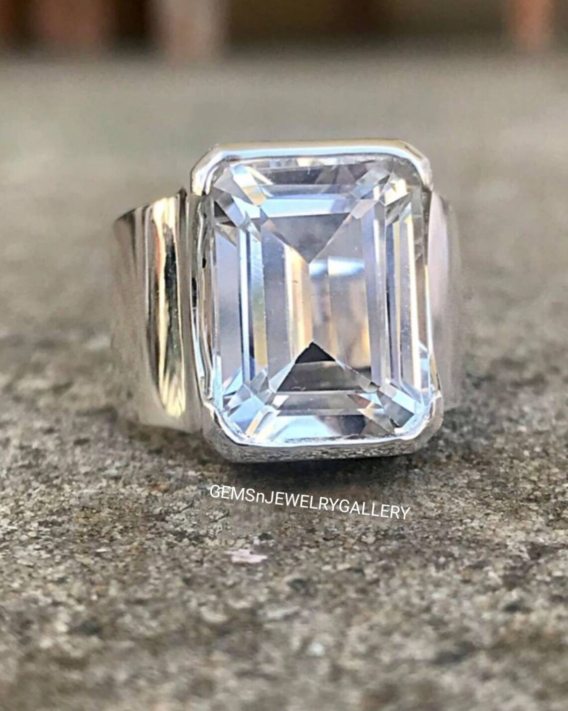 Natural White Topaz Ring, Solid Silver 12×16MM Emerald Cut Gemstone ...