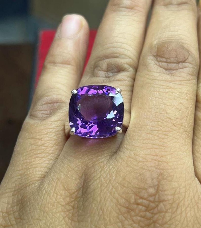 Large Natural Purple Amethyst Ring, Sterling Silver 15×15 MM Cushion ...