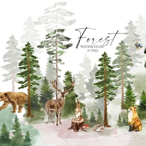 Watercolor Forest Tree Clipart, Woodland Animals, Nursery Decoration ...
