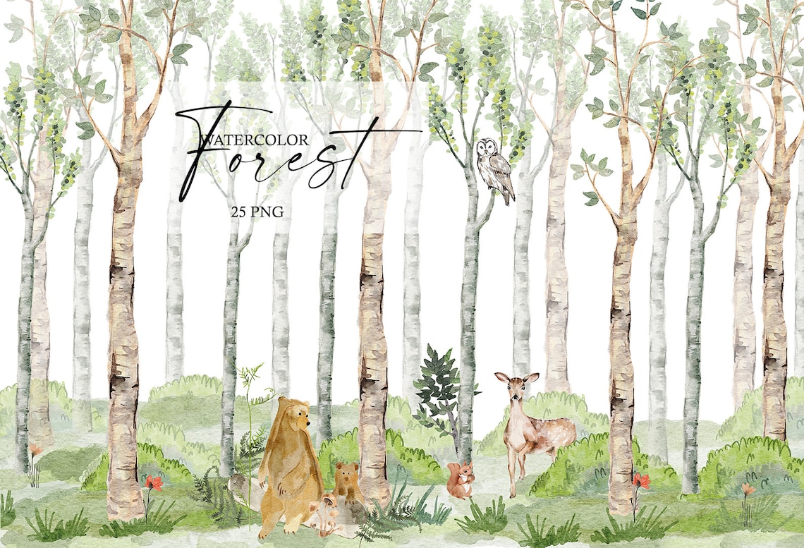 Watercolor Forest Tree Clipart Woodland Animals Nursery - Etsy