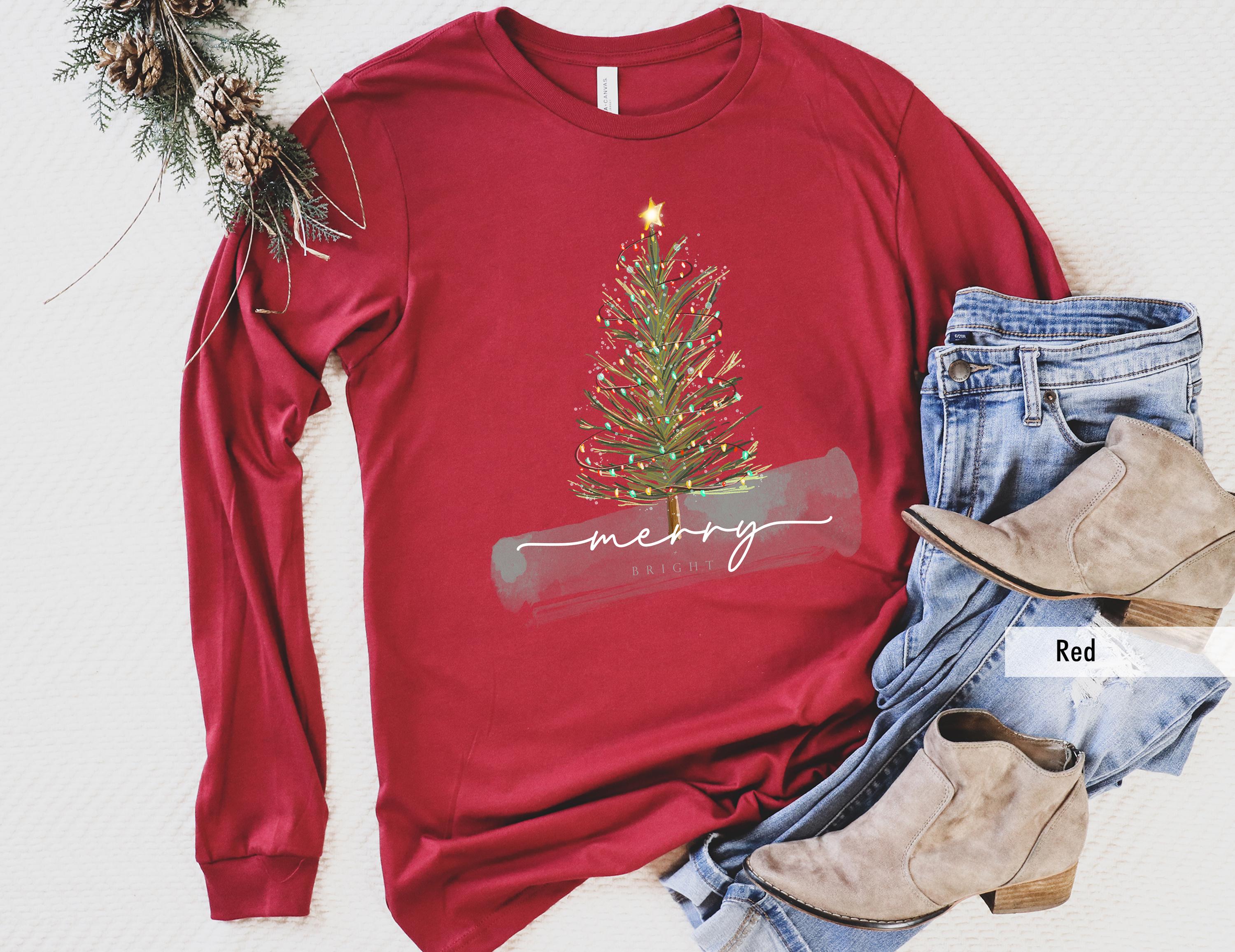Christmas Tree Long Sleeve Shirt Women's Pine Tree Shirt Holiday Merry ...