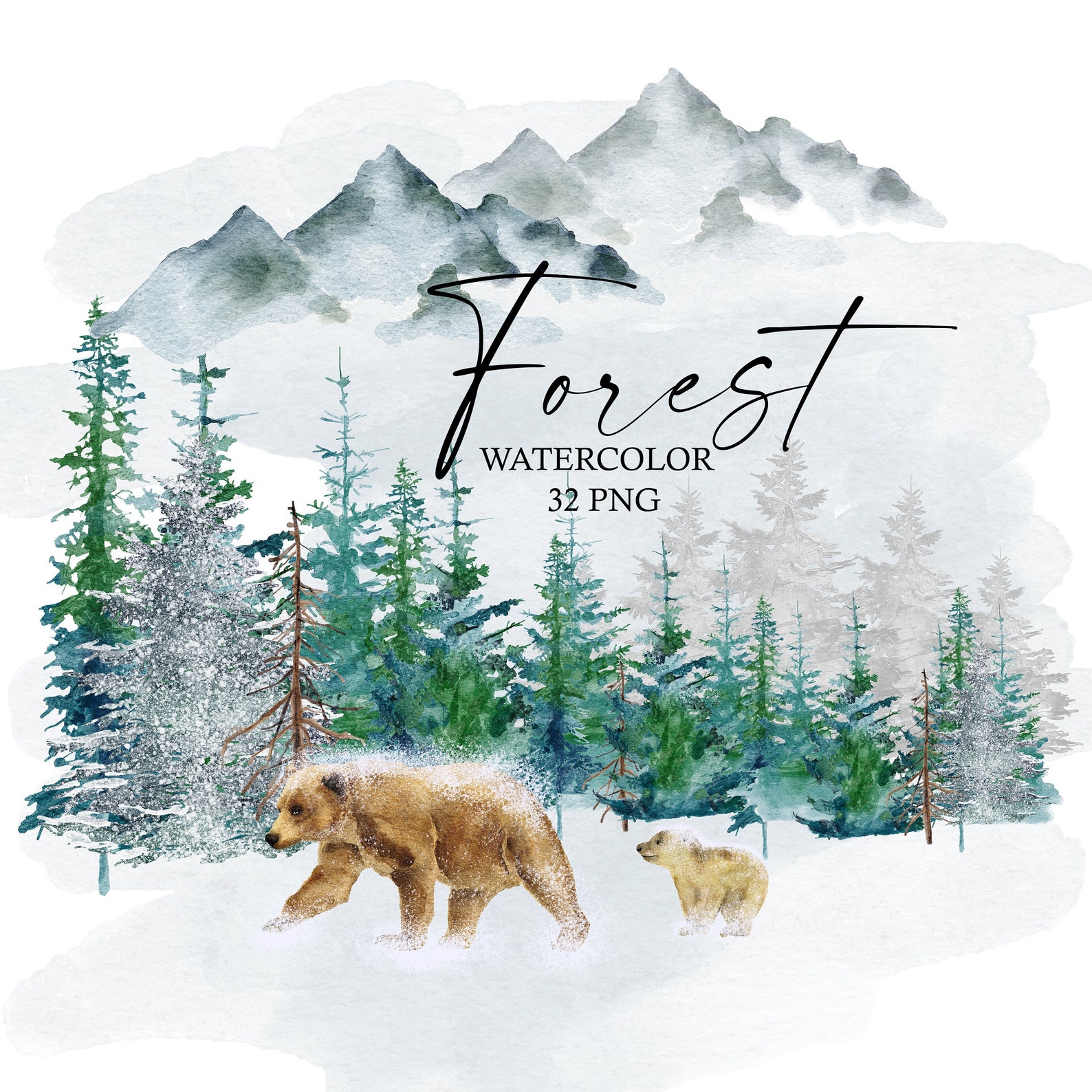 Watercolor Forest Tree Clipart Woodland Pine Tree Bear PNG - Etsy