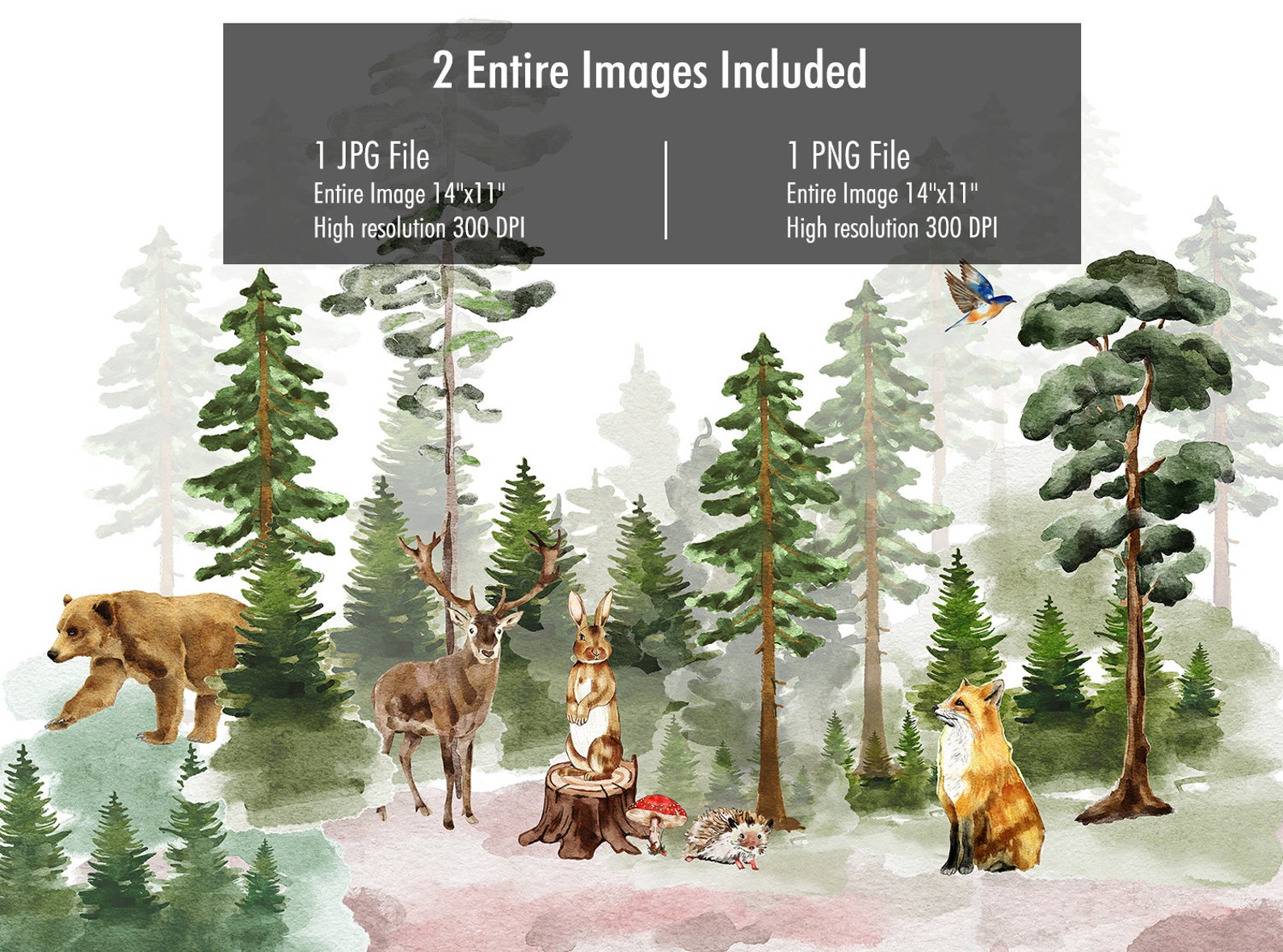 Watercolor Forest Tree Clipart, Woodland Animals, Nursery Decoration ...