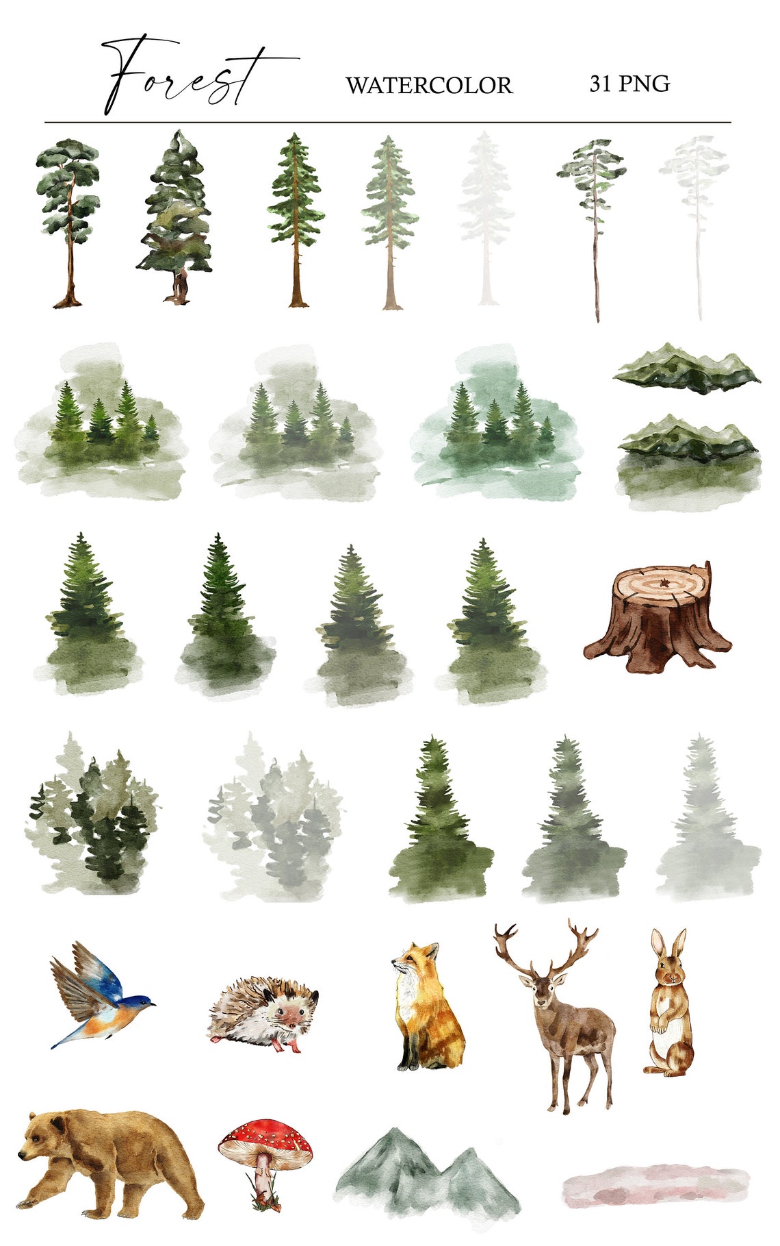 Watercolor Forest Tree Clipart, Woodland Animals, Nursery Decoration ...