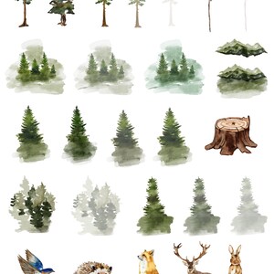 Watercolor Forest Tree Clipart, Woodland Animals, Nursery Decoration ...