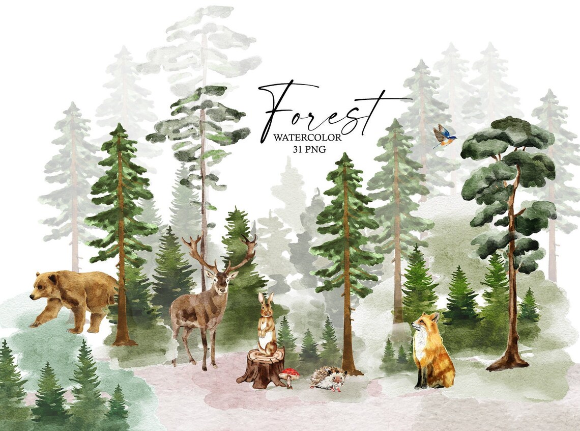 Watercolor Forest Tree Clipart, Woodland Animals, Nursery Decoration ...