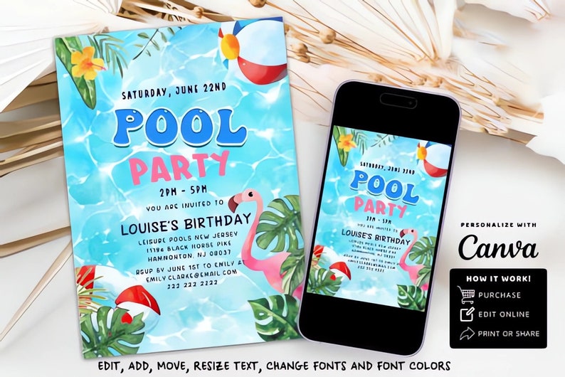 Customizable Pool Party Invitation Template Summer Birthday Celebration Editable With Canva ...