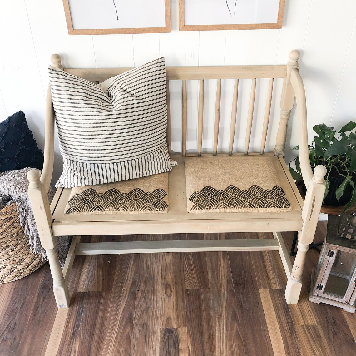 SOLD Farmhouse Burlap Bench - Etsy
