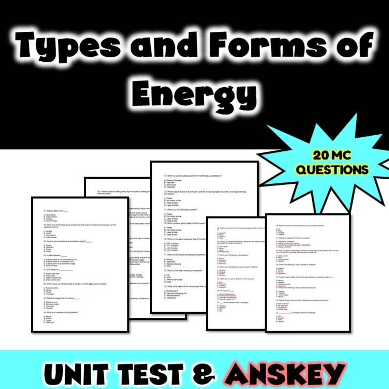 Types and Forms of Energy Worksheets Test Quiz Assessments Questions ...