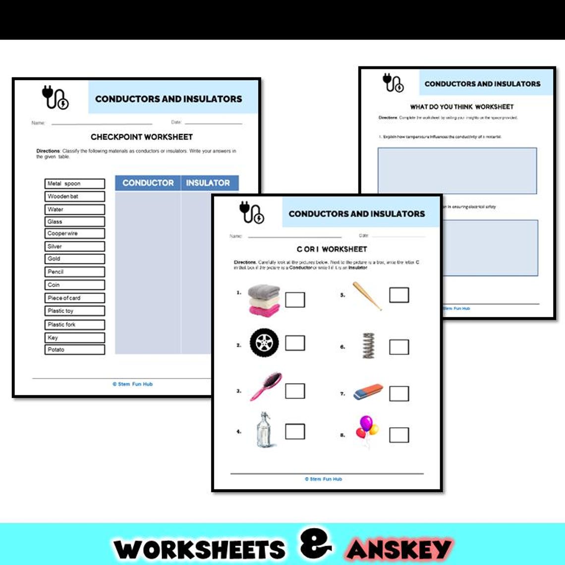 Conductors and Insulators Worksheets Bundle, STEM Workbook, Test Quiz ...