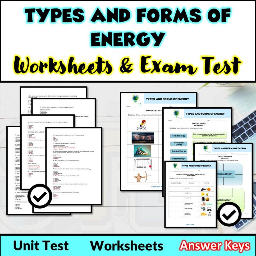 Types and Forms of Energy Worksheets Test Quiz Assessments Questions ...