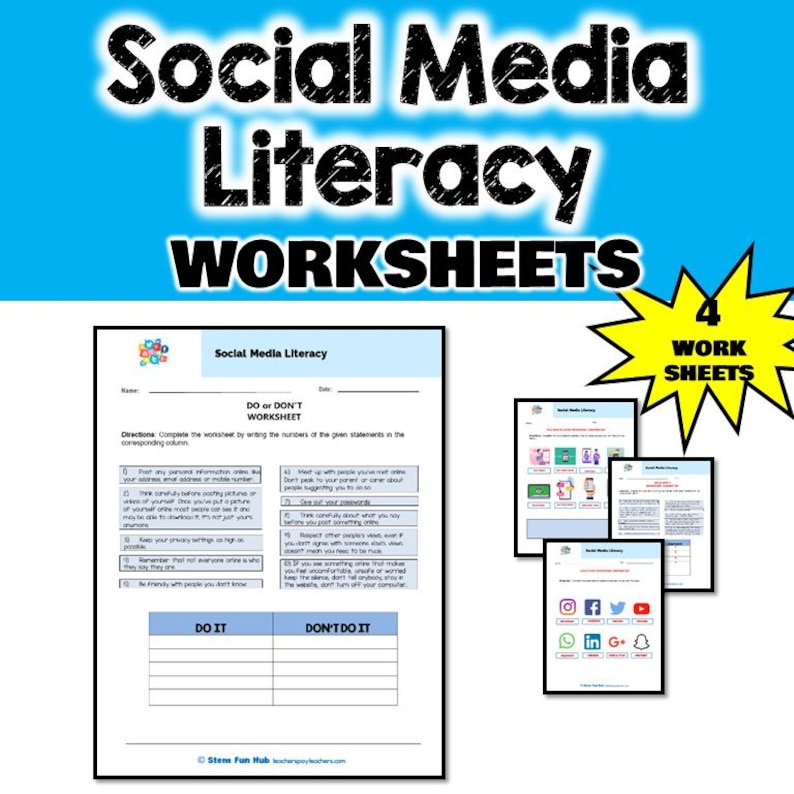 Social Media Literacy Printables, Safety Worksheets Unit Test, Instant ...