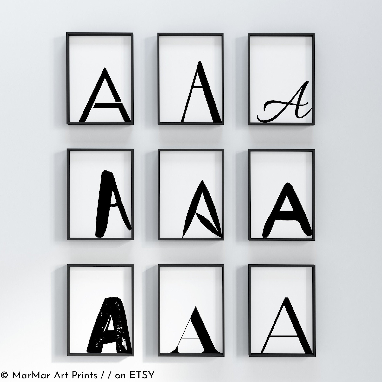 Letter A Printable Wall Art, Printable Set of 9, Alphabet Initial A ...