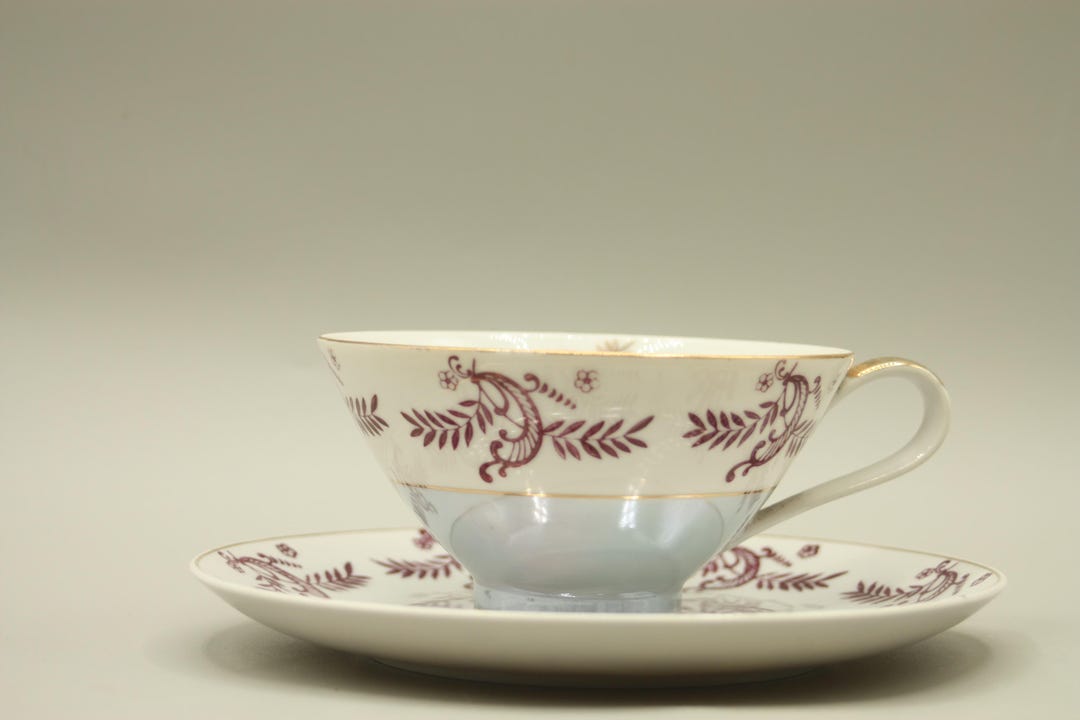 Floral Tea Cup: Blue-gray, Maroon Flowers, Made in Japan - Etsy