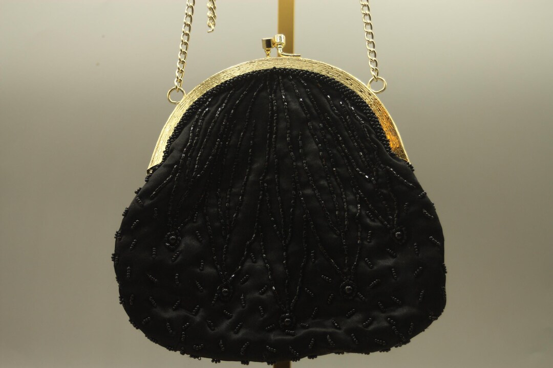 Vintage, Richere Black Satin Beaded, Gold Framed Top-handle Purse - Etsy