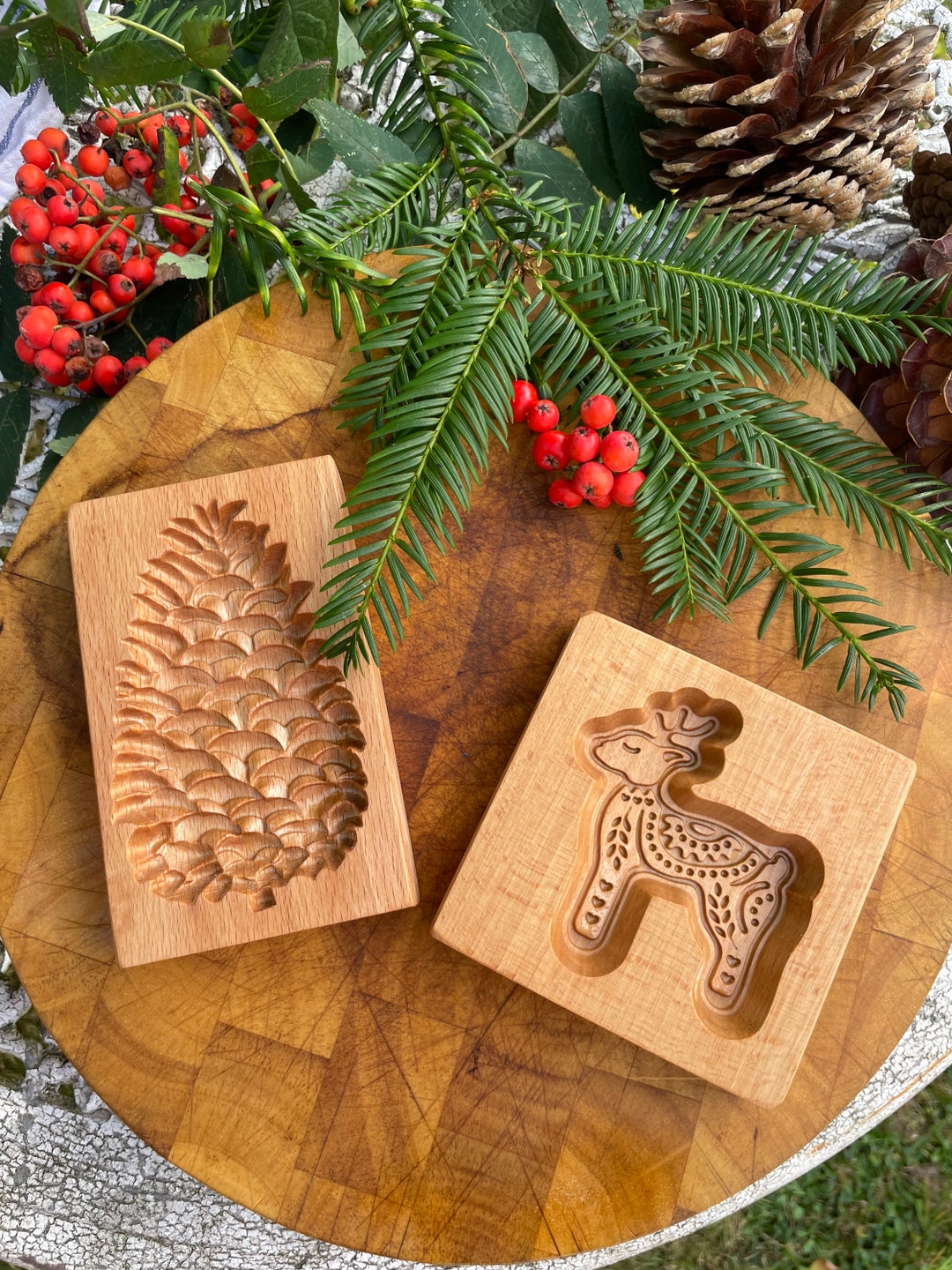 Wooden Cookie Mold Set for Xmas. Pinecone Cookie Cutter. Reindeer ...