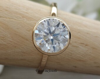 Three Stone Moissanite Unique Diamond Wedding Ring Bezel Set Moissanite Ring 1.36 TWC Round Cut ...