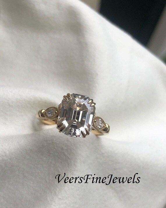 9x7 MM Emerald Cut Moissanite Diamond Rings/ Women Vintage - Etsy