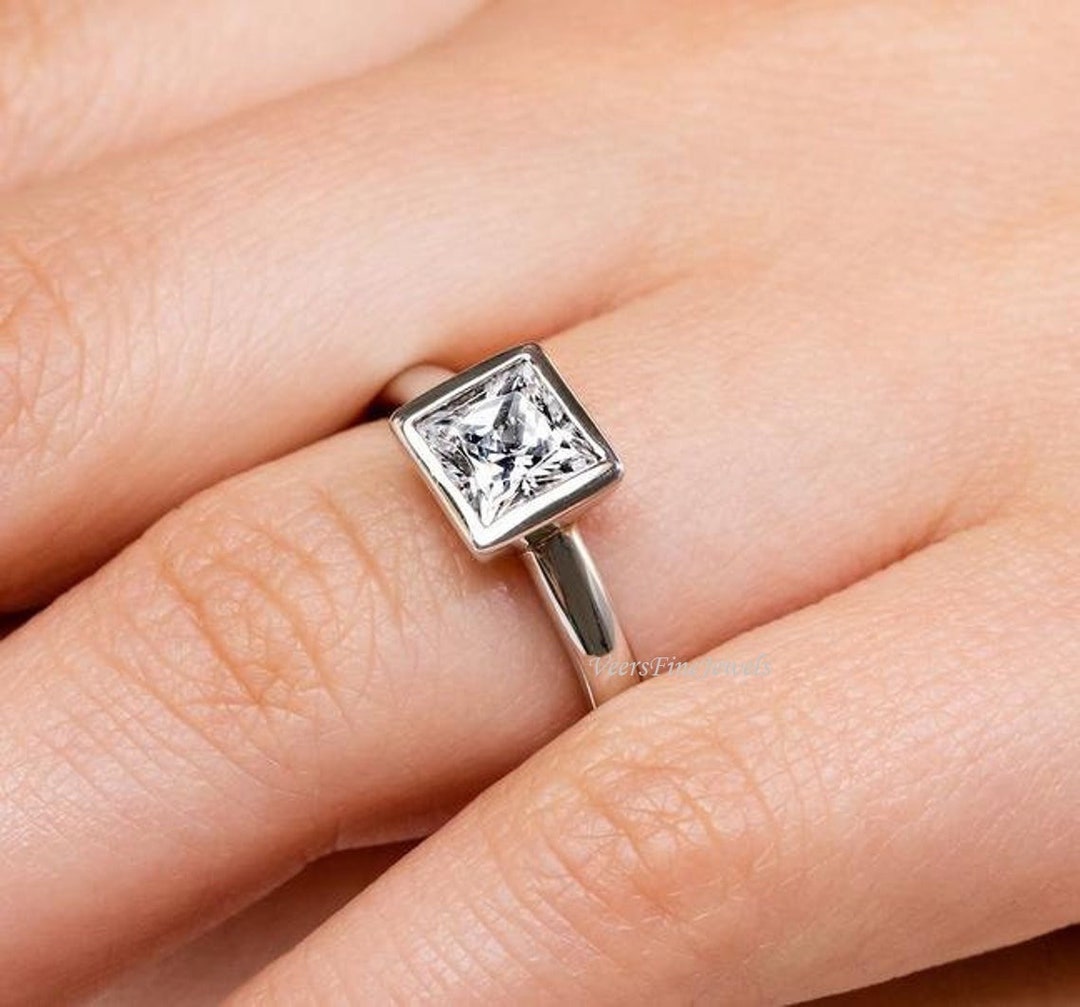2 Ct Princess Cut Bezel Set Ring/ Solitaire Diamond Bezel Engagement ...