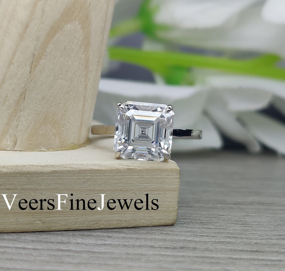 4CT Asscher Cut Moissanite Engagement Ring/ Promise Wedding Anniversary ...