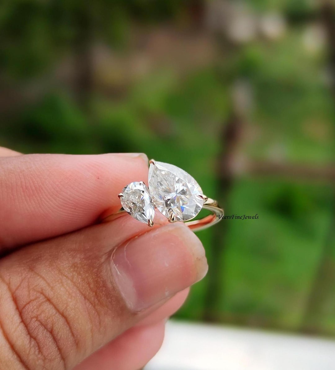 Double Stone Engagement Ring/ Two Stone Diamond Ring/ Pear Cut Moissanite Ring/ Women Toi Et Moi ...