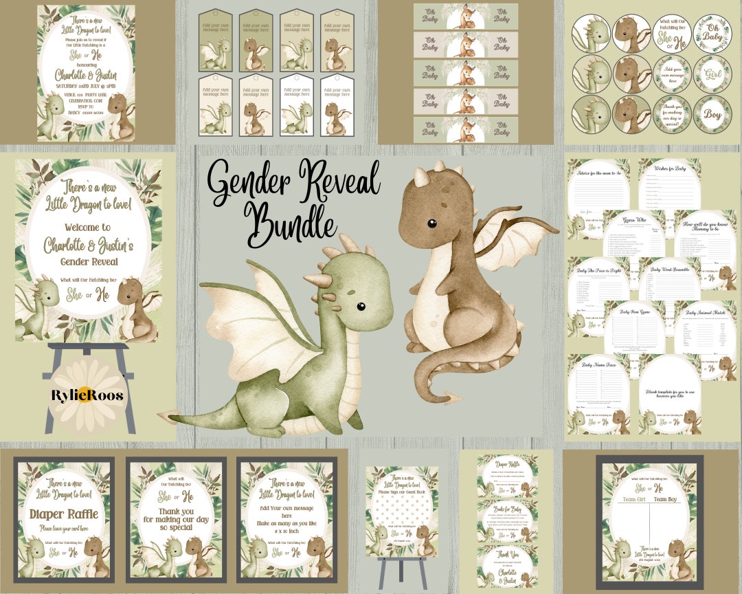 Dragon Gender Reveal Bundle: Editable Invitation, Decor (digital Design ...