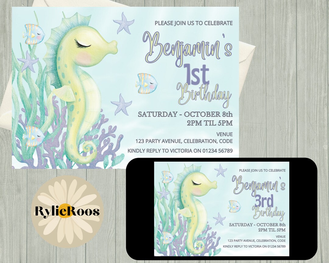 Seahorse Birthday Invitation, Boys Under the Sea Birthday Invite, Sea ...