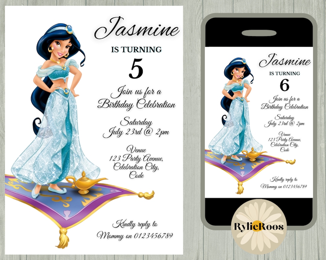 Jasmine Birthday Invitation, Princess Jasmine Editable Invite, Girls ...