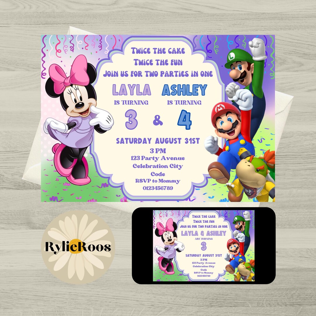 Minnie Mouse and Mario Birthday Invitation: Joint, Twin, Siblings, Dual ...