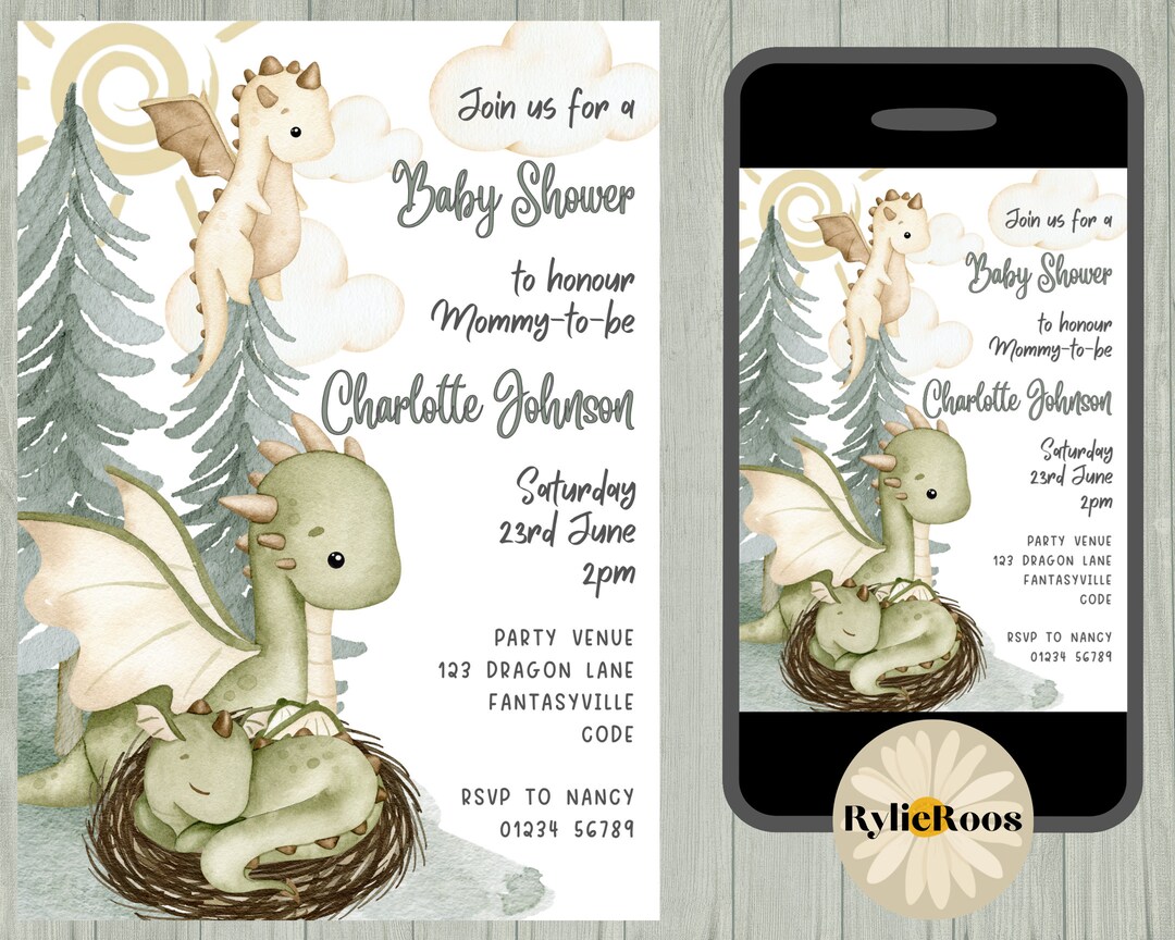 Neutral Dragon Baby Shower Invitation, Green Mommy and Baby Dragon Baby ...