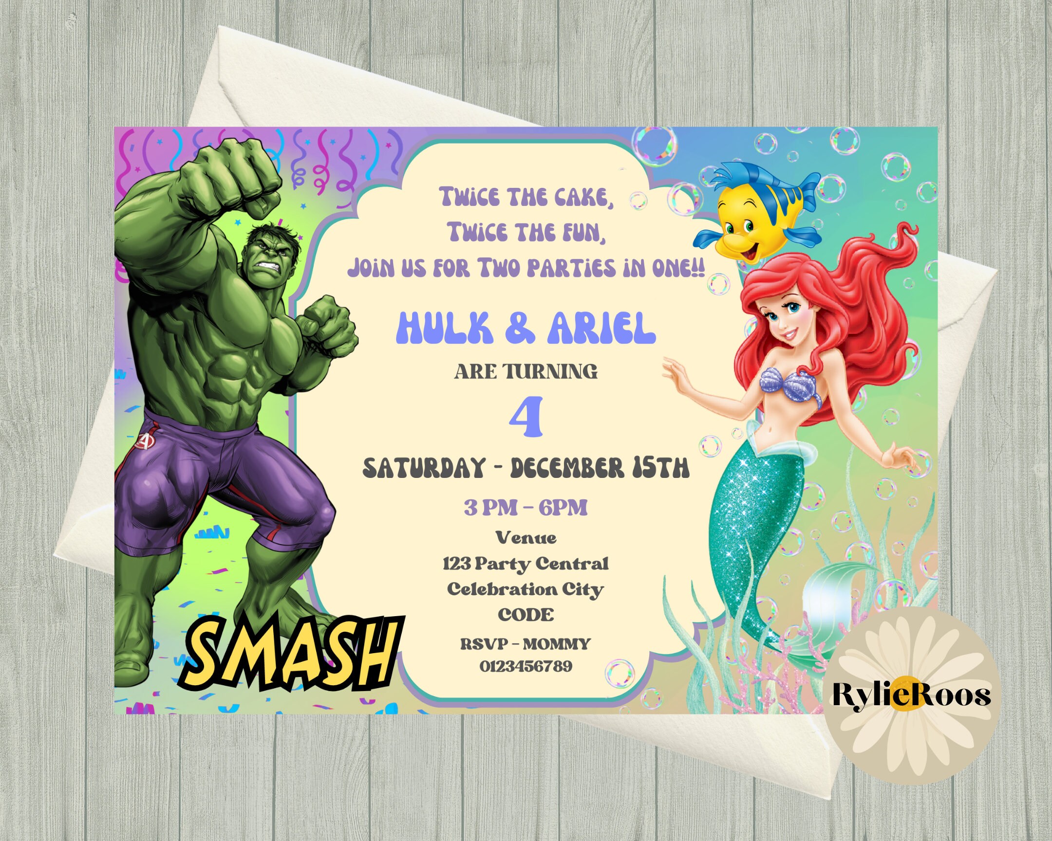 Hulk and Ariel Birthday Invitation: Twins or Siblings (digital) - Etsy