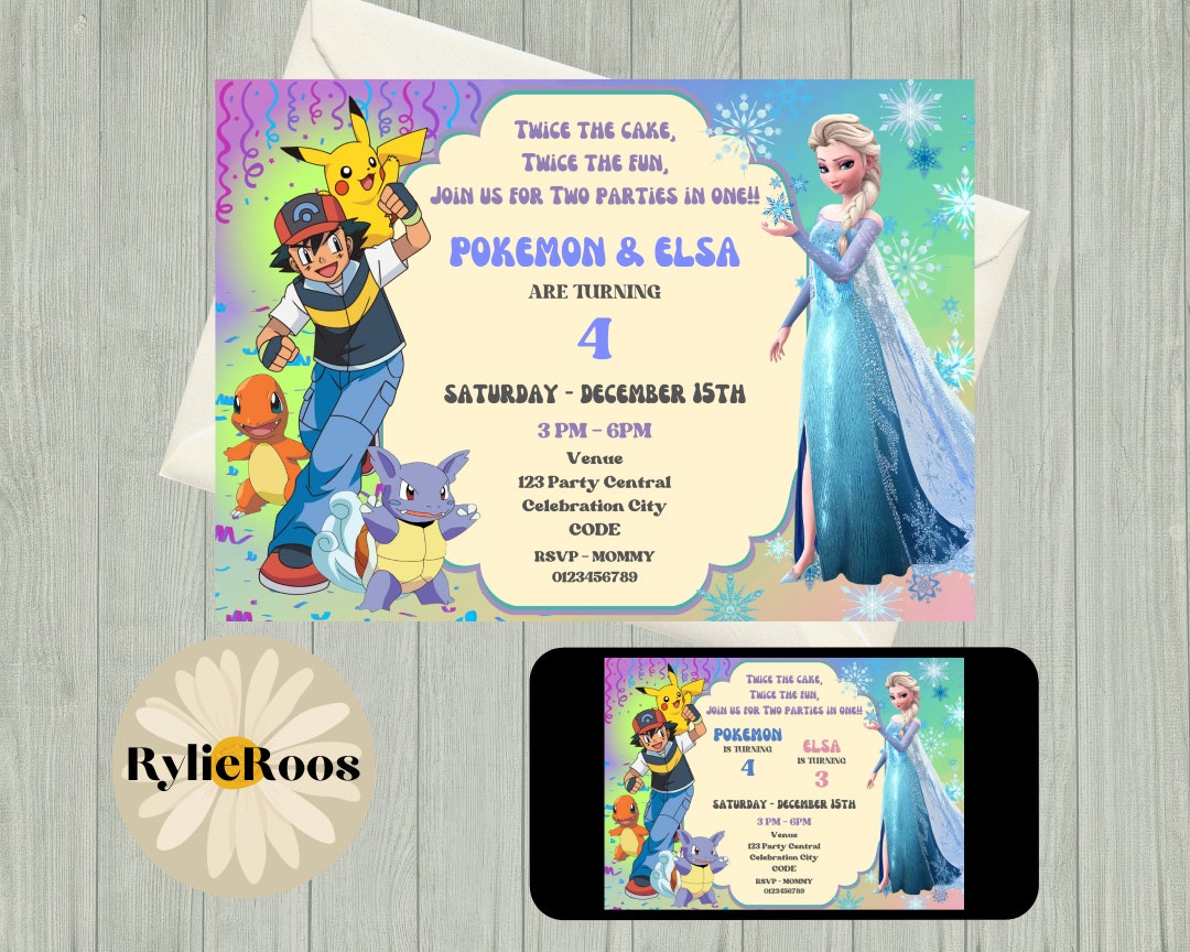 Joint Birthday Invitation, Pokemon and Elsa Editable Invite, Twins ...