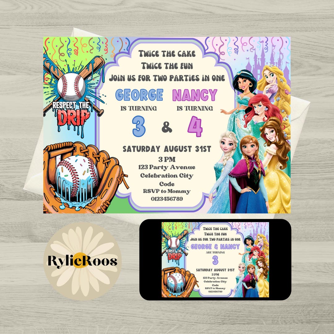 Baseball Drip and Princesses Birthday Invitation: Joint Party (digital ...