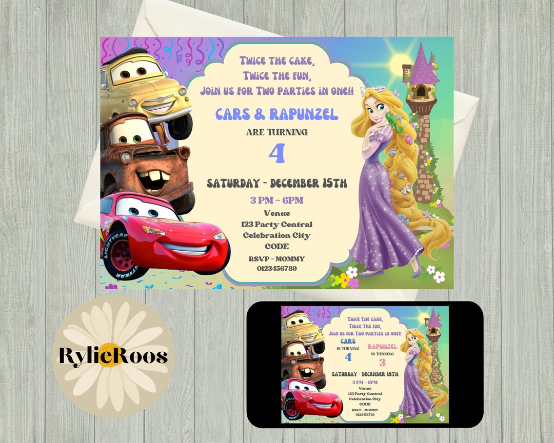 Cars and Rapunzel Joint Birthday Invitation (digital Design) - Etsy
