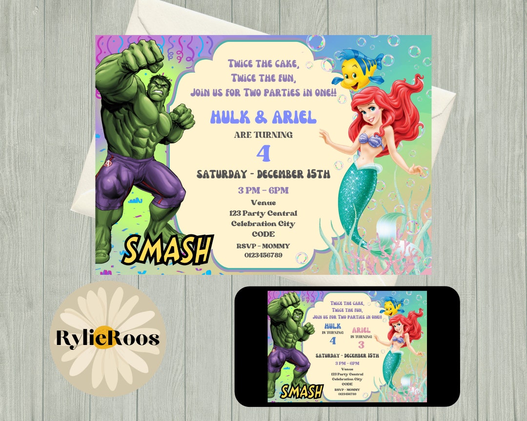 Hulk and Ariel Birthday Invitation: Twins or Siblings (digital) - Etsy