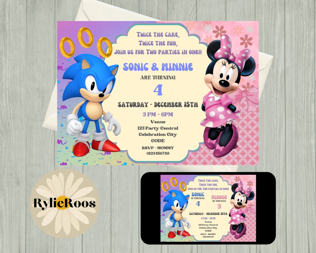 Joint Birthday Invitation, Sonic and Minnie Editable Invite, Twins ...