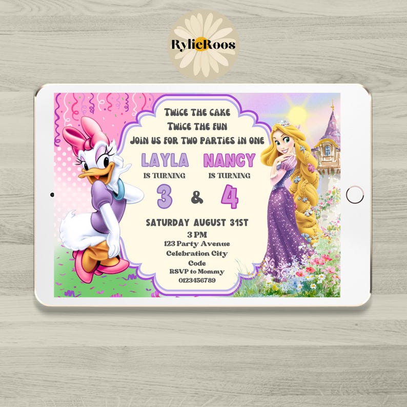 Daisy Duck & Rapunzel Birthday Invitation: Joint, Twin, Siblings, Dual ...