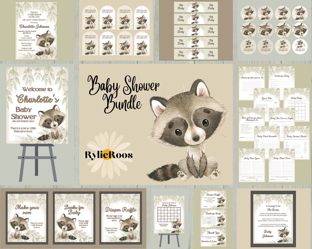 Raccoon Baby Shower Bundle, Neutral Raccoon Baby Shower Decor, Little ...