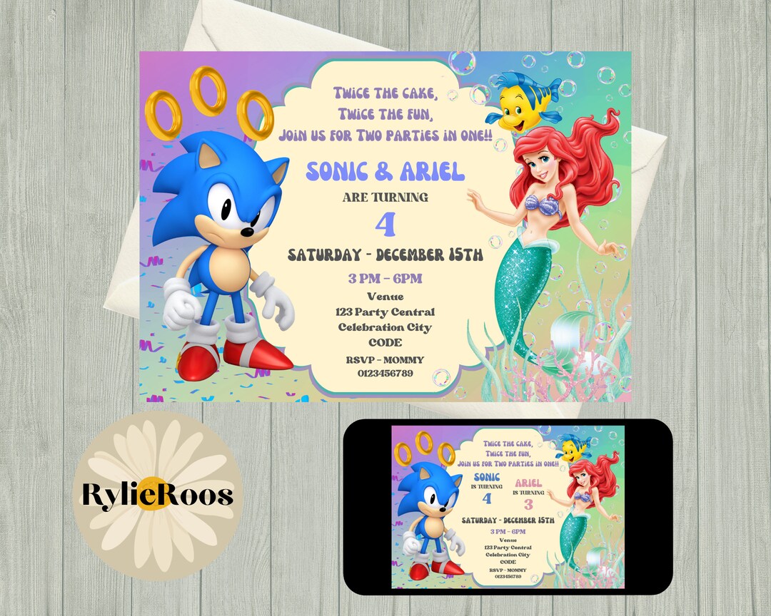 Sonic and Ariel Birthday Invitation: Twins Party (digital) - Etsy Australia
