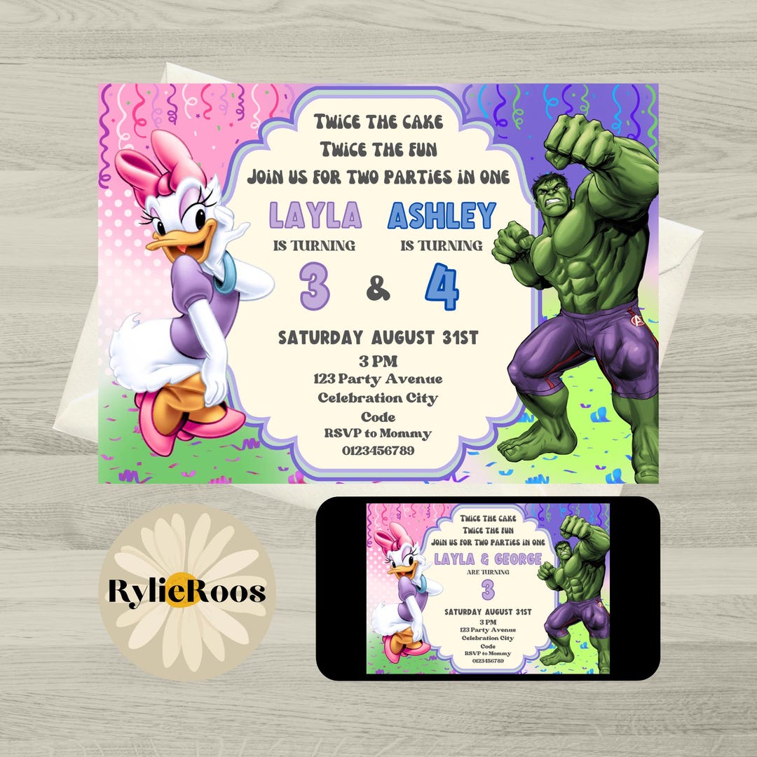 Daisy Duck & Hulk Birthday Invitation: Joint, Twin, Siblings, Dual ...