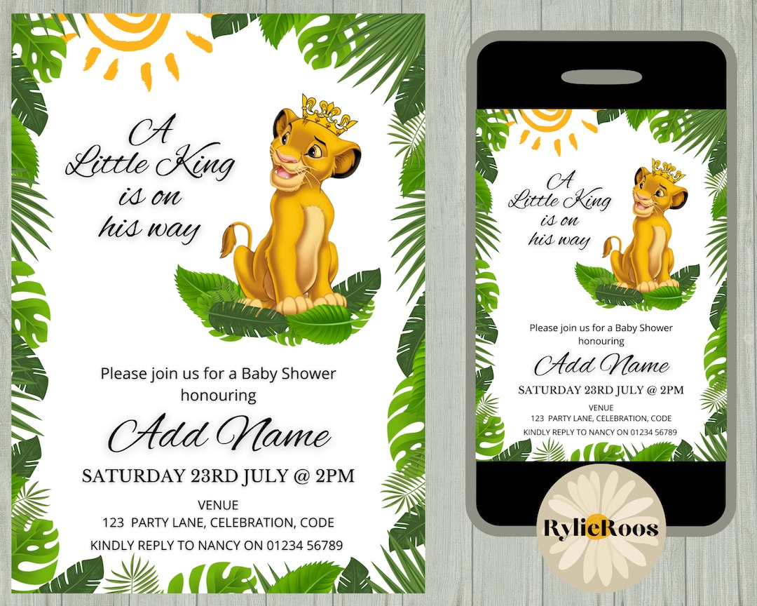 A Little King is on His Way Baby Shower Invitation, Simba Editable ...