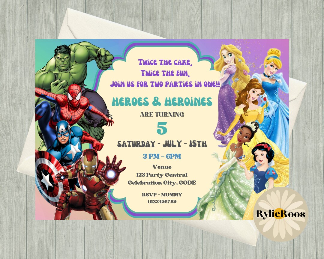 Avengers and Princesses Joint Party Invite, Twins Birthday Invitation ...