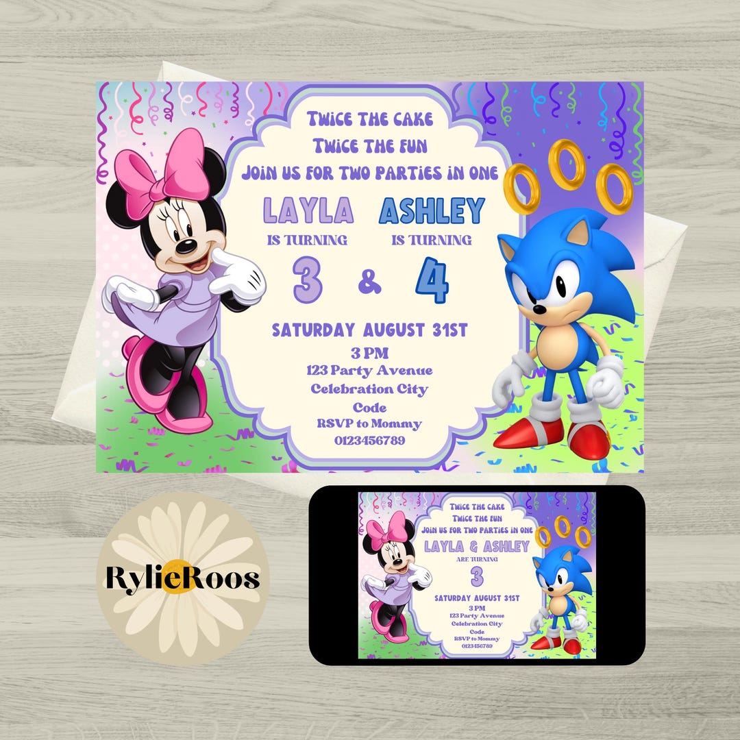 Minnie Mouse and Sonic Birthday Invitation: Joint, Twin, Siblings, Dual ...