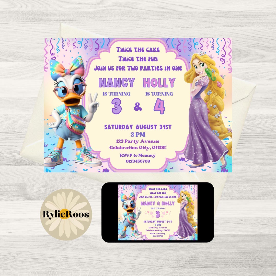 Daisy Duck & Rapunzel Joint Birthday Invitation: Twin, Siblings, Dual ...