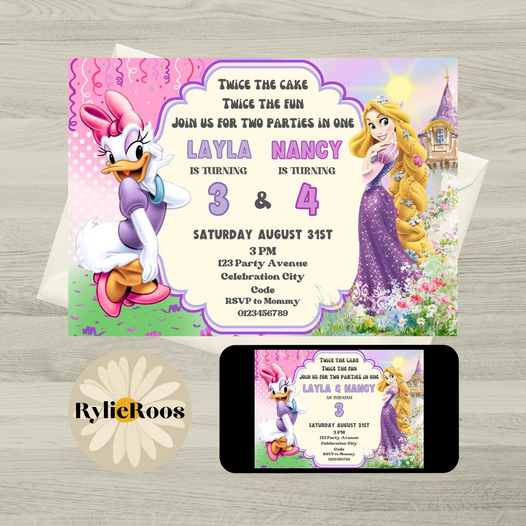 Daisy Duck & Rapunzel Birthday Invitation: Joint, Twin, Siblings, Dual ...